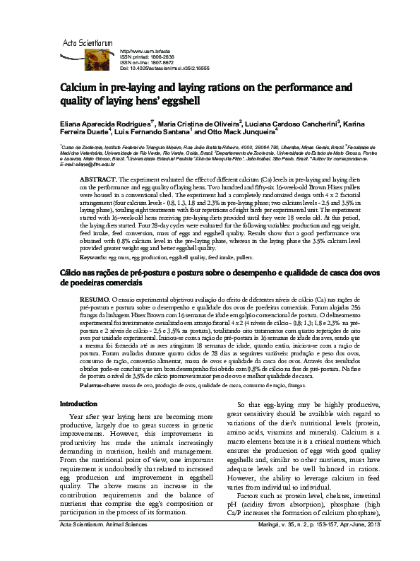 (PDF) Calcium in pre-laying and laying rations on the performance and ...