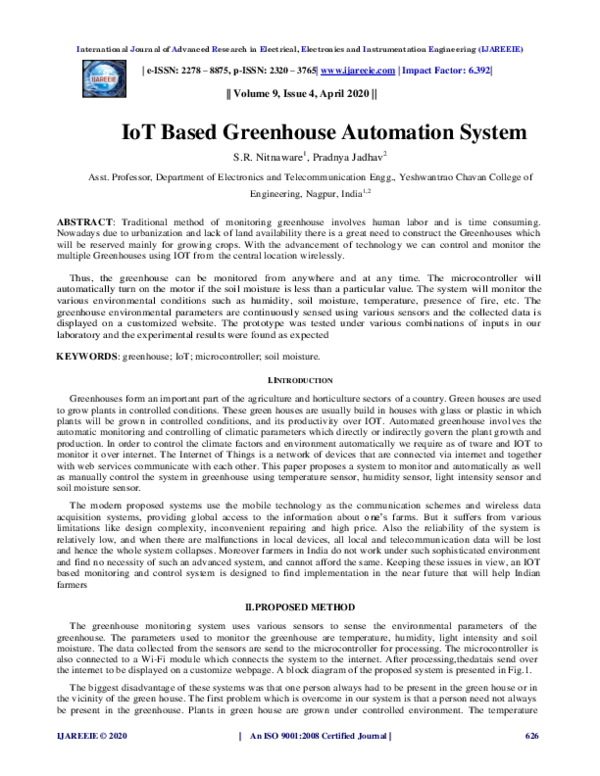 (PDF) IOT based Greenhouse Automation System