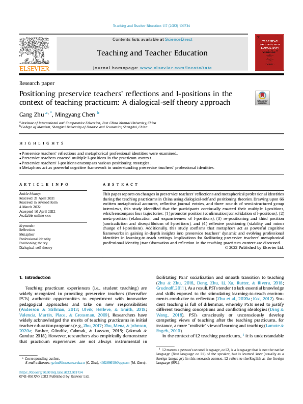 (PDF) Positioning preservice teachers' reflections and I-positions in the context of teaching ...