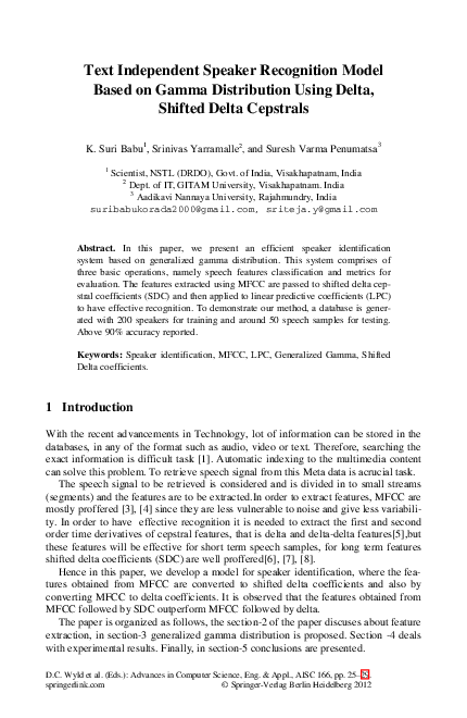 Pdf Text Independent Speaker Recognition Model Based On Gamma Distribution Using Delta