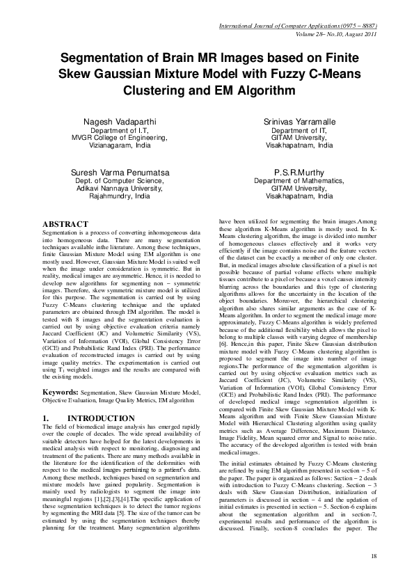 Pdf Segmentation Of Brain Mr Images Based On Finite Skew Gaussian