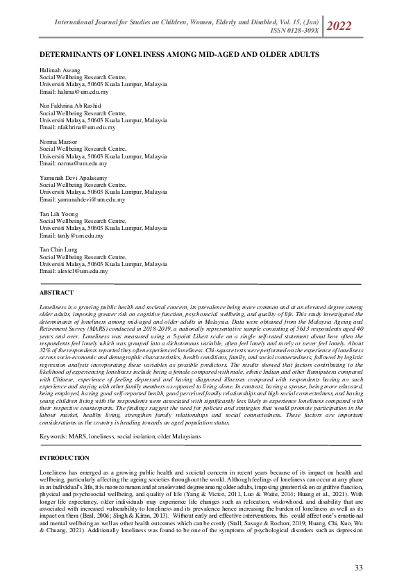 (PDF) DETERMINANTS OF LONELINESS AMONG MID-AGED AND OLDER ADULTS