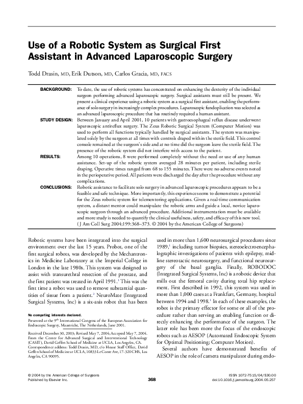 (PDF) Use of a robotic system as surgical first assistant in advanced ...