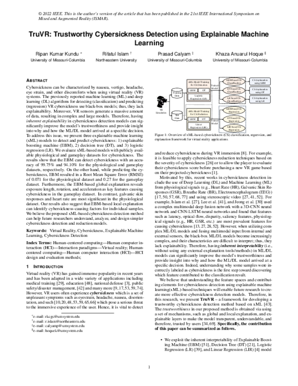 (PDF) TruVR: Trustworthy Cybersickness Detection using Explainable Machine Learning