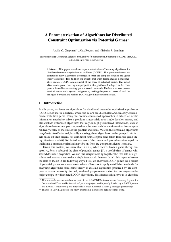 Pdf A Parameterisation Of Algorithms For Distributed Constraint