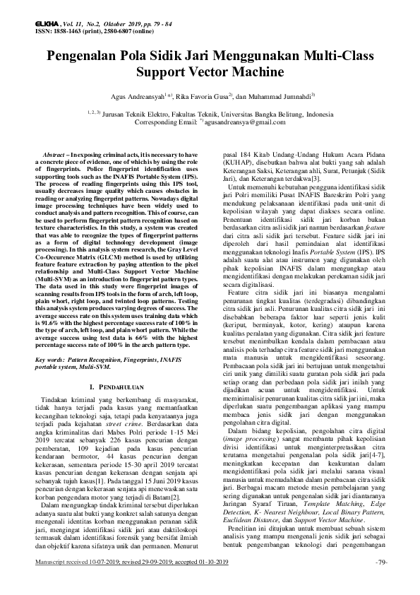 (PDF) Pengenalan Pola Sidik Jari Menggunakan Multi-Class Support Vector Machine