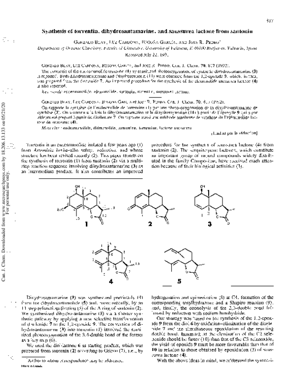 (PDF) Synthesis of torrentin, dihydrosantamarine, and saussurea lactone ...