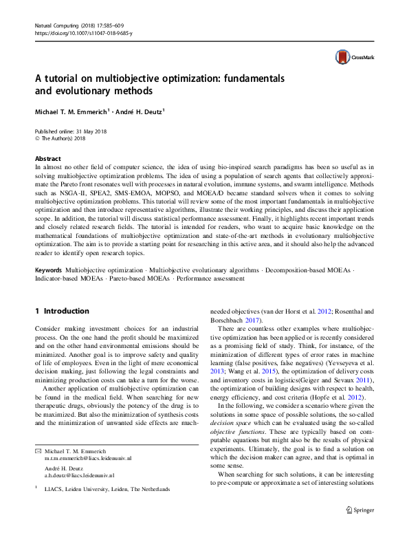 Pdf A Tutorial On Multiobjective Optimization Fundamentals And Evolutionary Methods