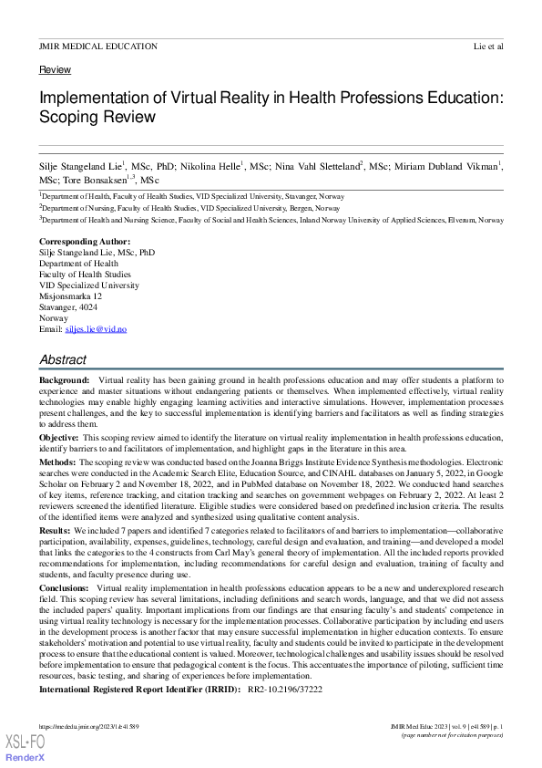 (PDF) Implementation of Virtual Reality in Health Professions Education: Scoping Review
