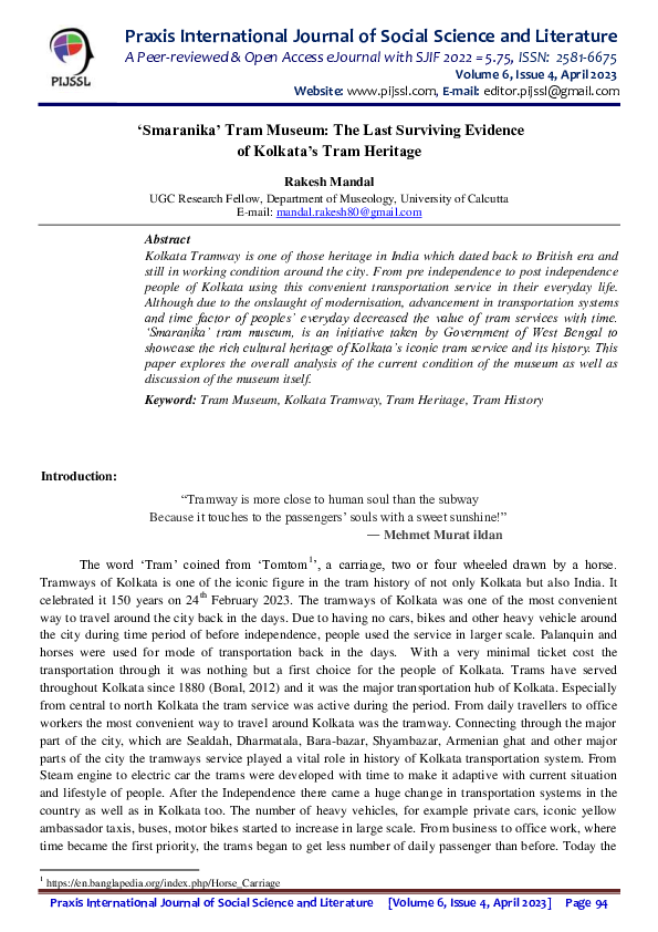 (PDF) 'Smaranika' Tram Museum: The Last Surviving Evidence of Kolkata's ...