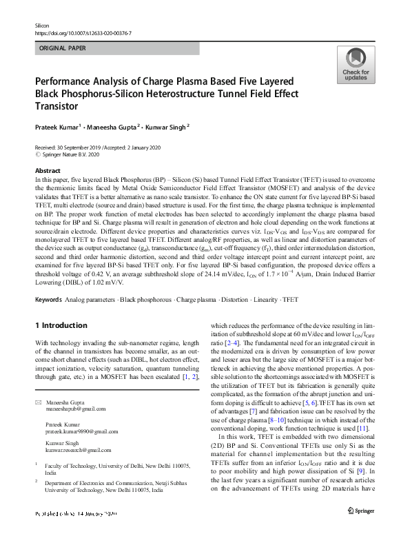(PDF) Performance Analysis of Charge Plasma Based Five Layered Black Phosphorus-Silicon ...