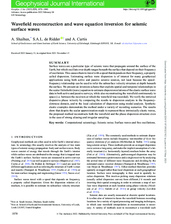 (PDF) Wavefield reconstruction and wave equation inversion for seismic surface waves