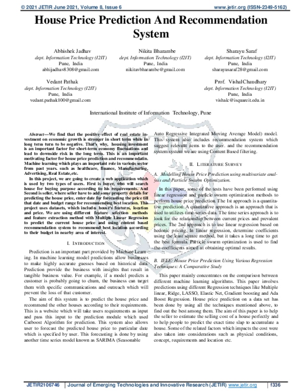 (PDF) House Price Prediction and Recommendation System | Abhishek ...