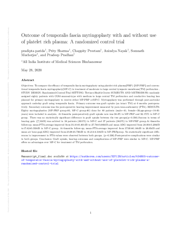 (PDF) Outcome of temporalis fascia myringoplasty with and without use ...