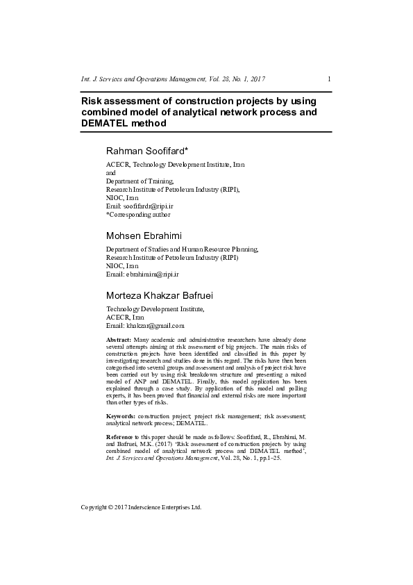 Pdf Risk Assessment Of Construction Projects By Using Combined Model