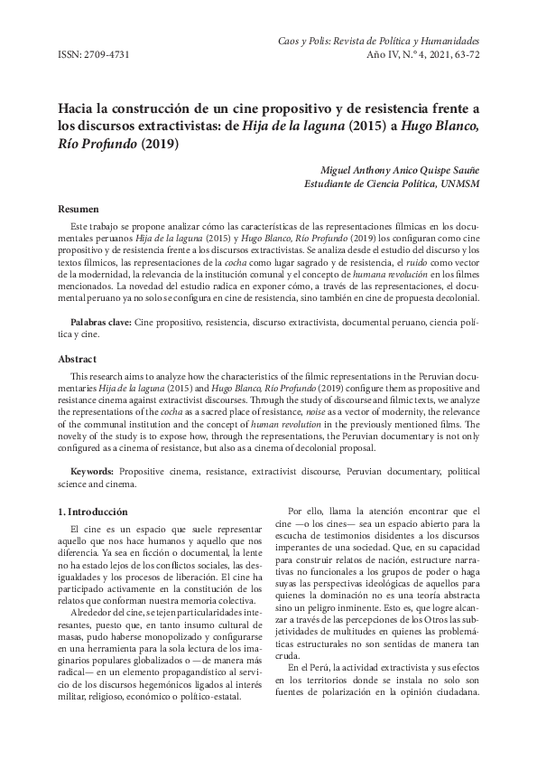 (PDF) Hacia la construcción de un cine propositivo y de resistencia frente a los discursos ...