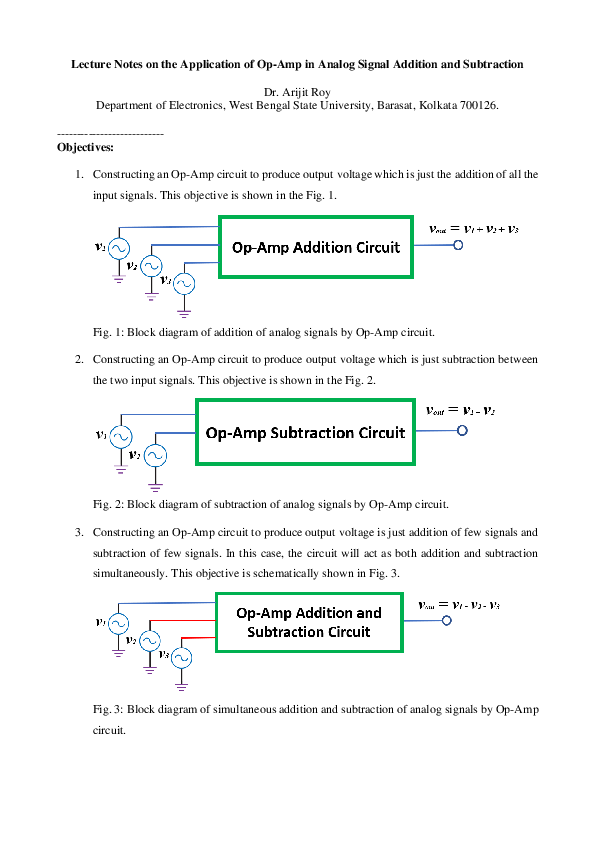 (PDF) Lecture 30 and 31: Addition and Subtraction of Analog Signals using Op-Amp
