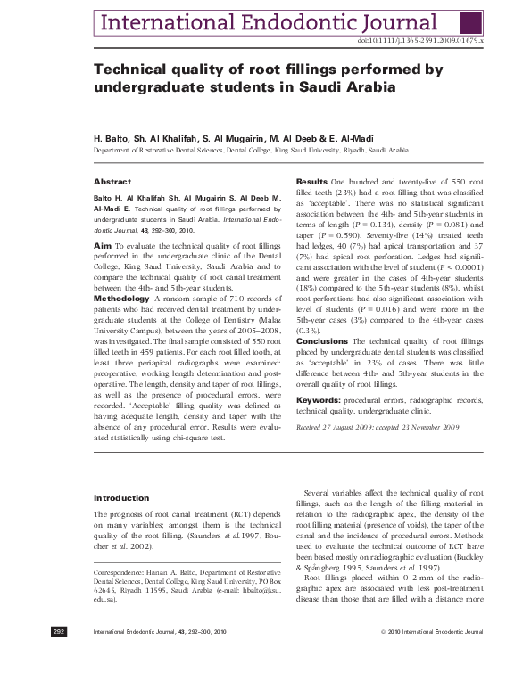 (PDF) Technical quality of root fillings performed by undergraduate ...