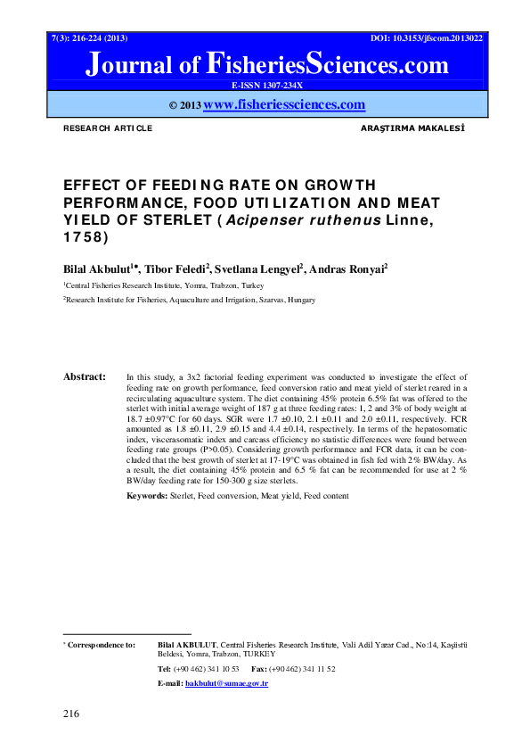 (PDF) Effect of Feeding Rate on Growth Performance, Food Utilization ...