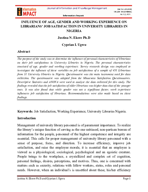 (PDF) Influence of age, gender and working experience on librarians’ job satisfaction in ...