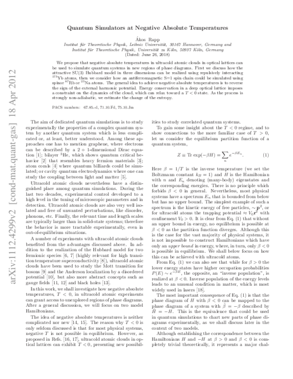 (PDF) Quantum simulators at negative absolute temperatures | Akos Rapp ...