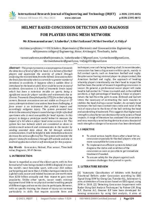 (PDF) HELMET BASED CONCUSSION DETECTION AND DIAGNOSIS FOR PLAYERS USING ...