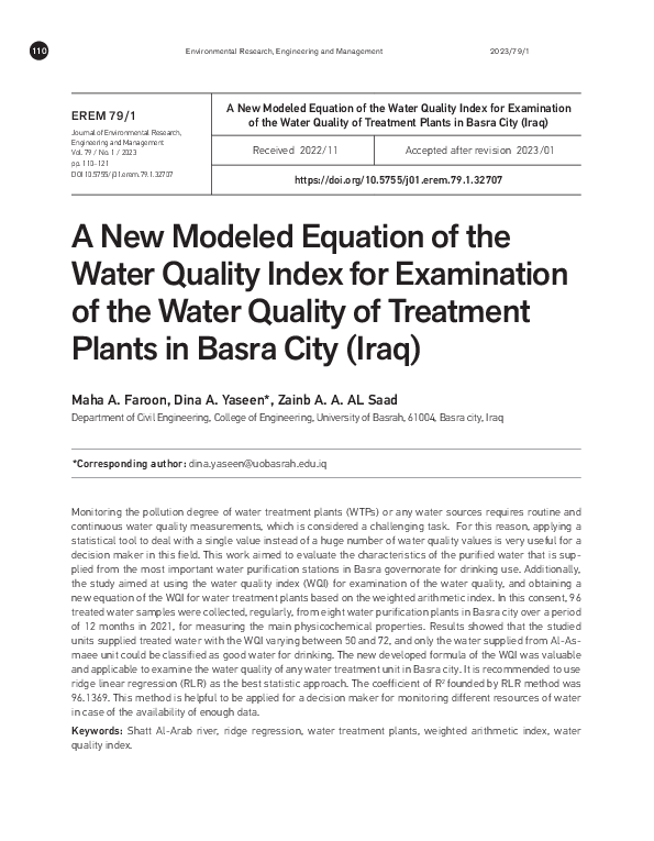 (PDF) A New Modeled Equation of the Water Quality Index for Examination ...