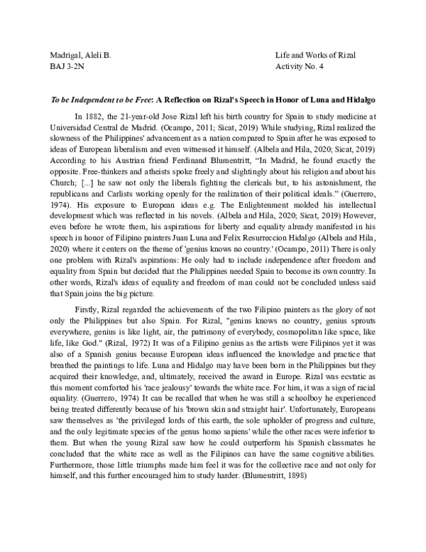 (PDF) To be Independent to be Free: A Reflection on Rizal's Speech in Honor of Luna and Hidalgo