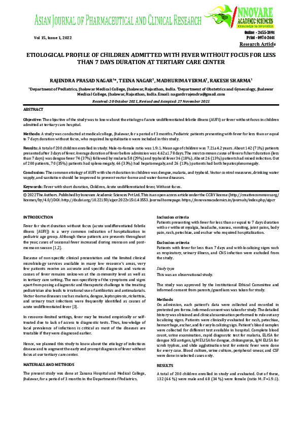 (PDF) ETIOLOGICAL PROFILE OF CHILDREN ADMITTED WITH FEVER WITHOUT FOCUS ...
