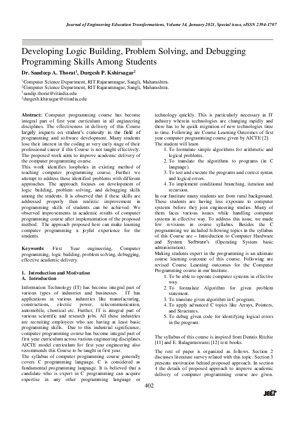 (PDF) Developing Logic Building, Problem Solving, and Debugging Programming Skills Among Students