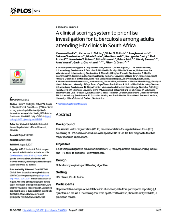 (PDF) A clinical scoring system to prioritise investigation for tuberculosis among adults ...