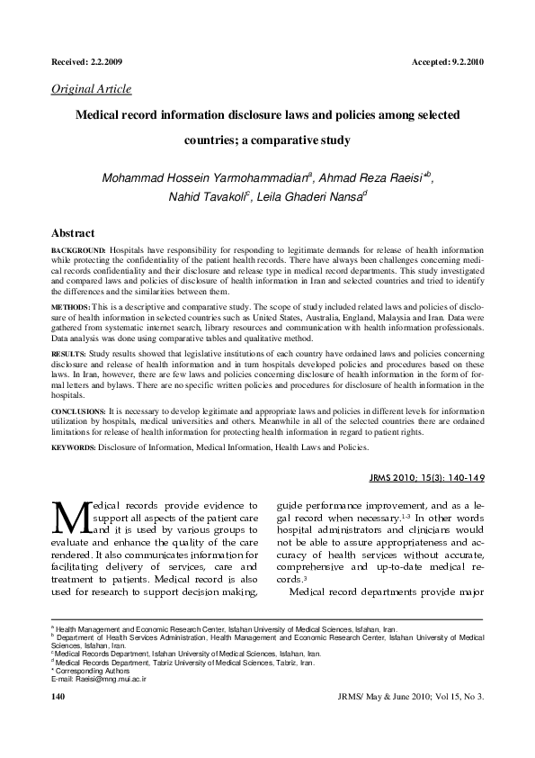 (PDF) Medical record information disclosure laws and policies among ...