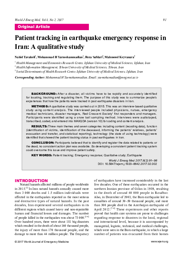 (PDF) Patient tracking in earthquake emergency response in Iran: A ...