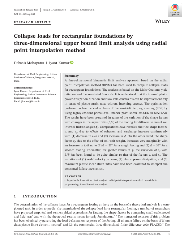 (PDF) Collapse loads for rectangular foundations by three-dimensional upper bound limit analysis ...