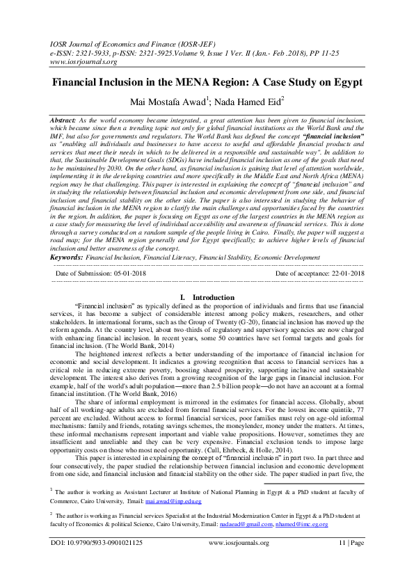 (PDF) Financial Inclusion in MENA: Egypt Case Study