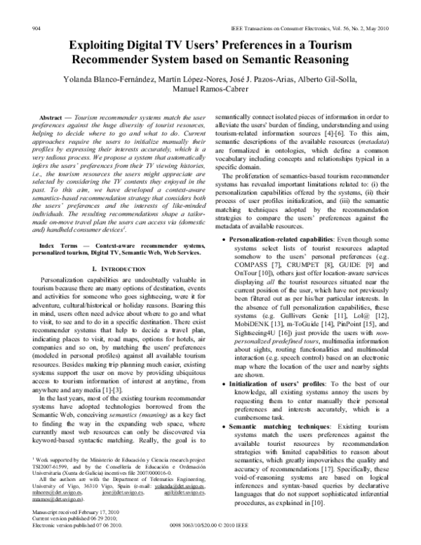 Pdf Exploiting Digital Tv Users Preferences In A Tourism Recommender System Based On Semantic