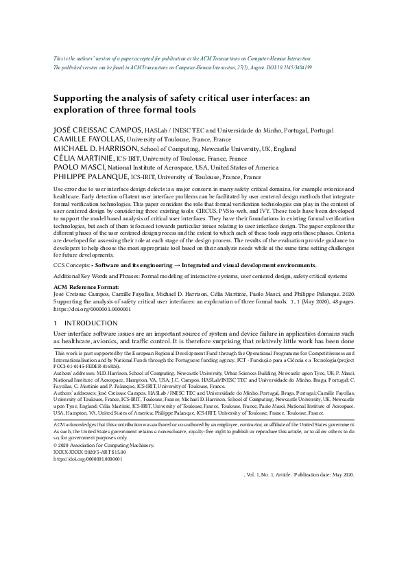 (PDF) Supporting the Analysis of Safety Critical User Interfaces