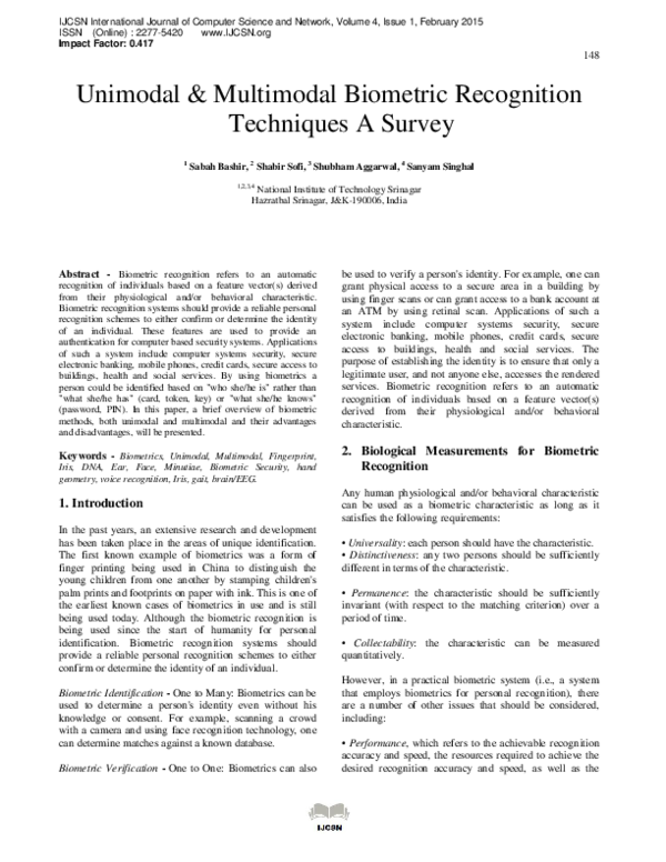 Pdf Unimodal And Multimodal Biometric Recognition Techniques A Survey