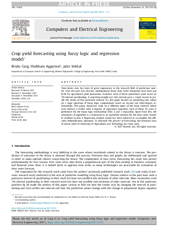 (PDF) Crop yield forecasting using fuzzy logic and regression model