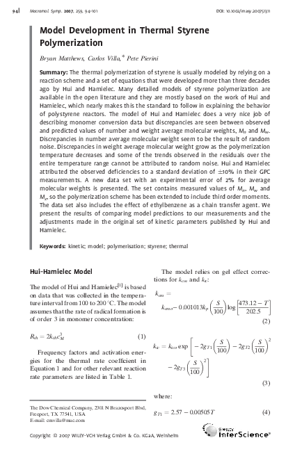 Pdf Model Development In Thermal Styrene Polymerization