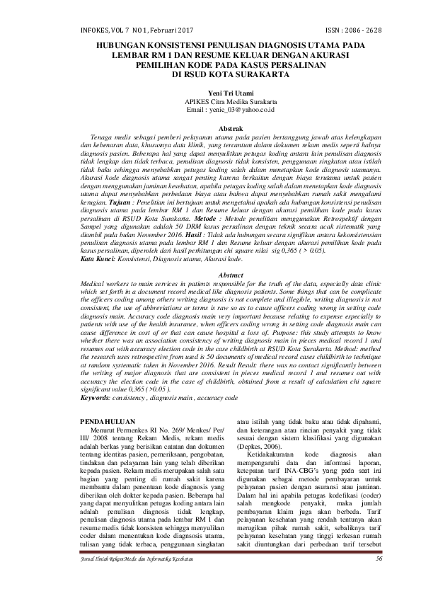 (PDF) Hubungan Konsistensi Penulisan Diagnosis Utama Pada Lembar RM 1 Dan Resume Keluar Dengan ...