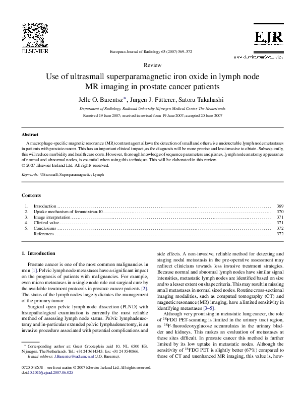 (PDF) Use of ultrasmall superparamagnetic iron oxide in lymph node MR imaging in prostate cancer ...