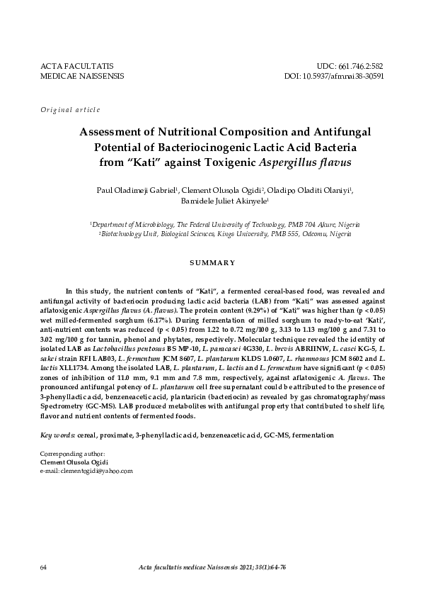(PDF) Assessment of nutritional composition and antifungal potential of bacteriocinogenic lactic ...