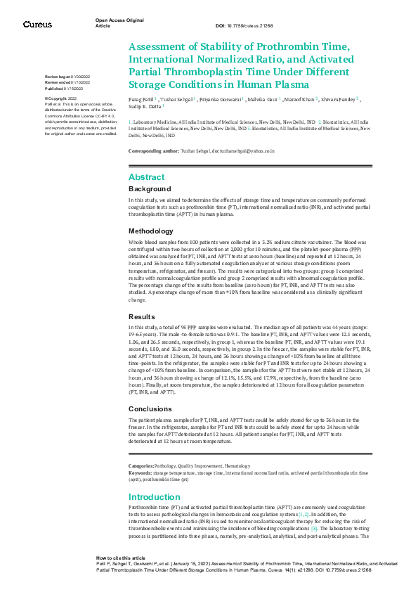(PDF) Assessment of Stability of Prothrombin Time, International ...