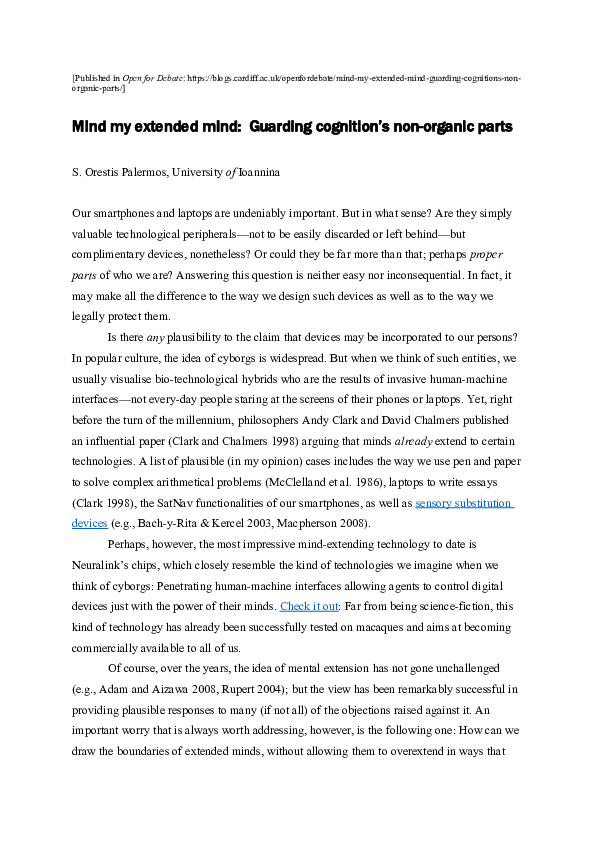 (DOC) Mind my extended mind: Guarding cognition's non-organic parts