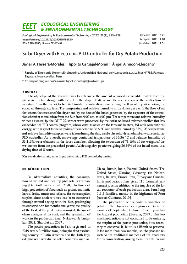 (PDF) Solar Dryer with Electronic PID Controller for Dry Potato Production