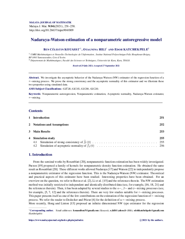Pdf Nadaraya Watson Estimation Of A Nonparametric Autoregressive Model