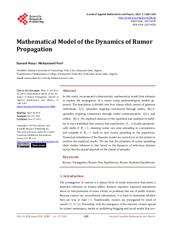 Pdf Mathematical Model Of The Dynamics Of Rumor Propagation