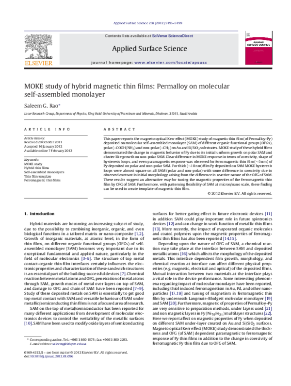(PDF) MOKE study of hybrid magnetic thin films: Permalloy on molecular self-assembled monolayer