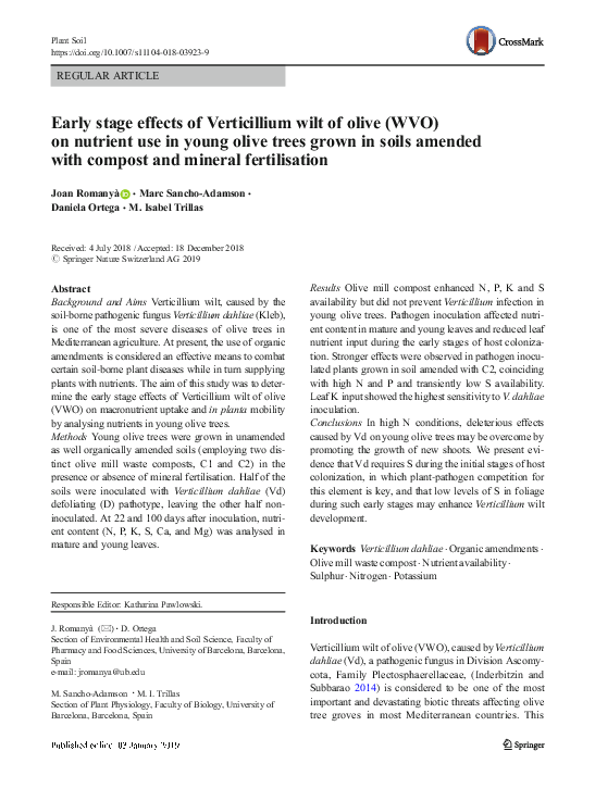 (PDF) Early stage effects of Verticillium wilt of olive (WVO) on ...